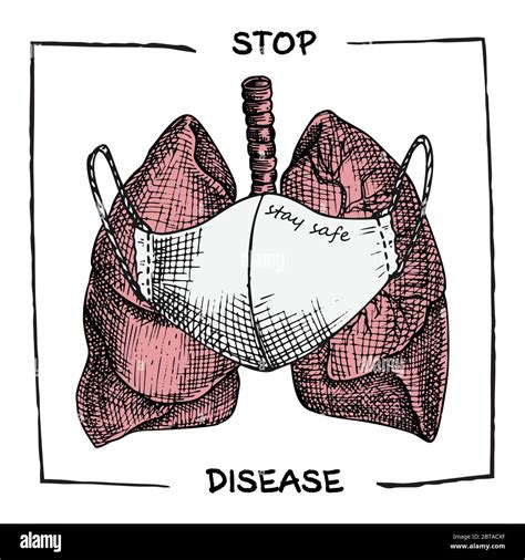 Lungs With Medical Mask Realistic Hand Drawn Icon Of Human Internal