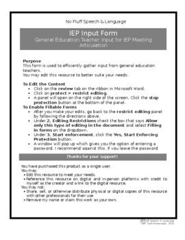 Teacher Input For IEP Fillable Form Articulation TpT