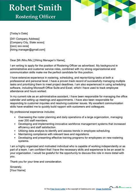 Rostering Officer Cover Letter Examples QwikResume