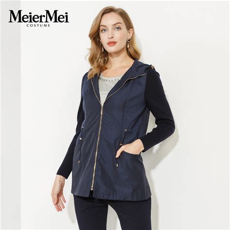 玫而美品牌专柜时尚气质修身针织袖连帽风衣女春秋外套MCJR55600 虎窝淘