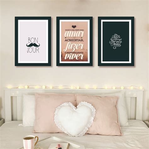 Conjunto De 3 Quadros Decorativos Para Quarto Casal Amar Fazer Viver