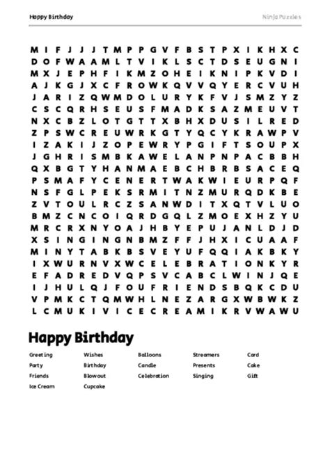 Free Printable Happy Birthday Themed Word Search Puzzle Free