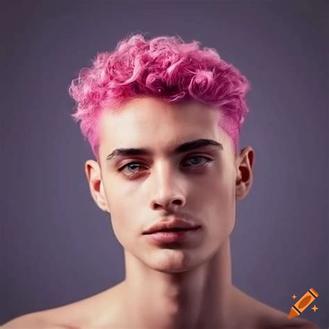 Portrait Of A Man With Pink Curly Hair And Grey Eyes On Craiyon