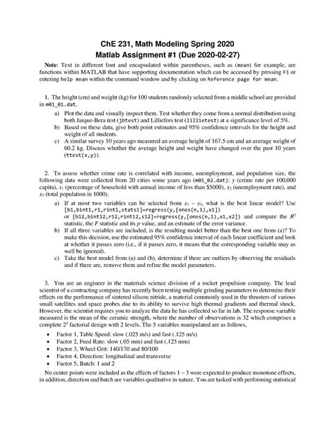 Matlab Practice Problem 1 ChE 231 Math Modeling Spring 2020 Matlab