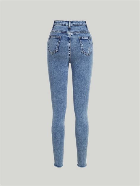 Shein Teen Girls Overlap Waist Ripped Skinny Jeans Shein Usa