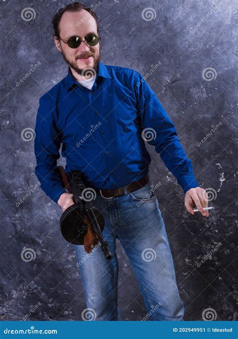 Mature Man In Sunglasses With Tommy Gun Stock Image Image Of Automatic Smoke 202949951