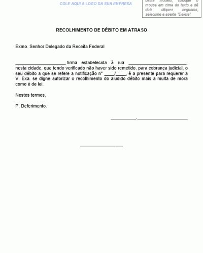 Modelo de Requerimento Recolhimento de Débito em Atraso