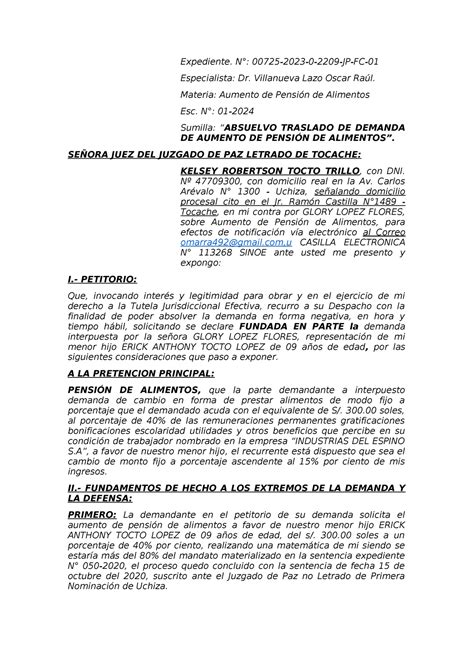 contestación de demanda de aumento de pensión de alimentos Expediente