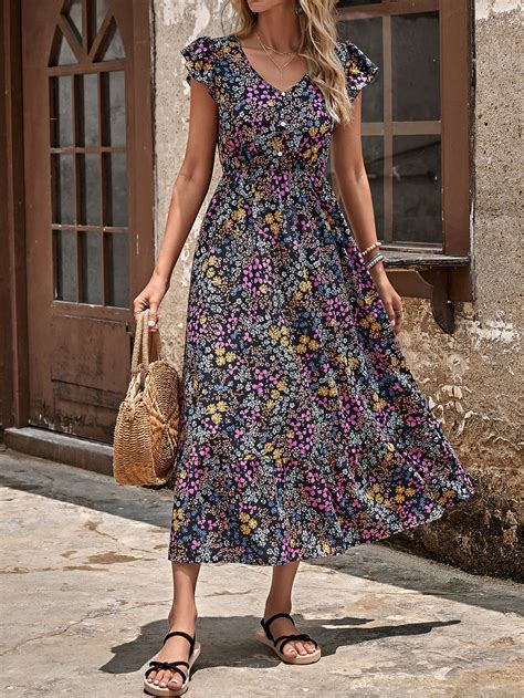 EMERY ROSE Ditsy Floral Print Ruffle Trim Dress SHEIN USA