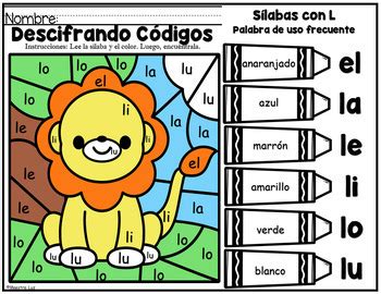 Sílabas con L Letra L Color by Code la le li lo lu TPT