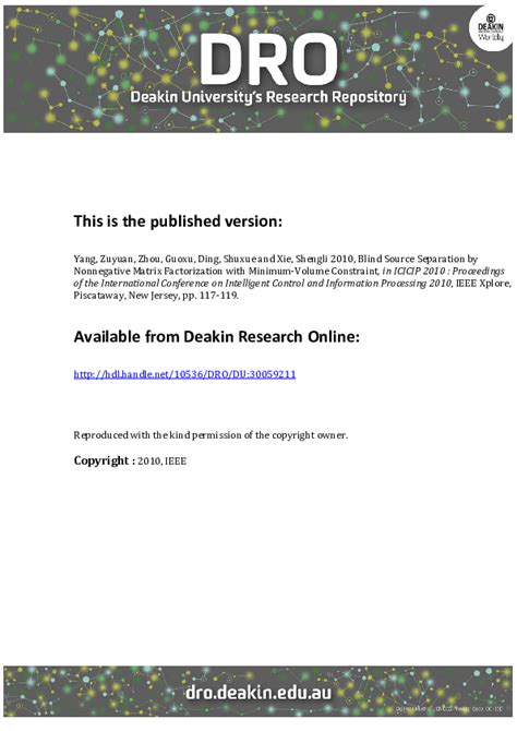 pdf blind source separation by nonnegative matrix factorization with minimum volume constraint