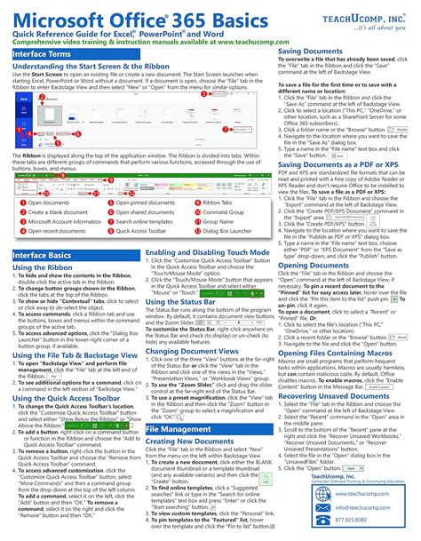 Microsoft Office 365 Basics Quick Reference Training Tutorial Guide