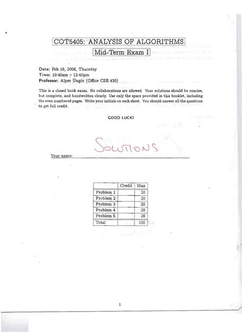 midterm exam 1 for analysis of algorithms cot 5405 docsity