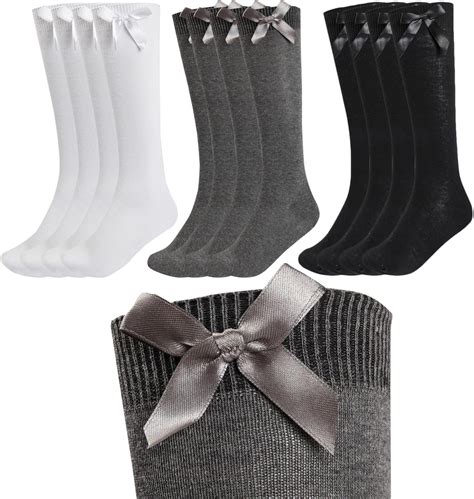 3 Pairs Girls Bow Knee High Socks White Grey Black Navy Knee High School Socks With Ribbons