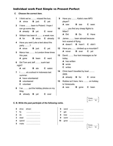 Worksheet For The Individual Past Simple Present Perfect