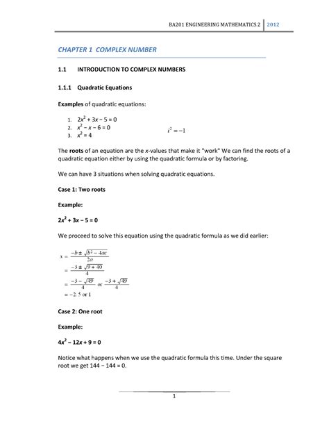 complex numbers chapter 1 complex number 1 introduction to complex numbers 1 1 quadratic