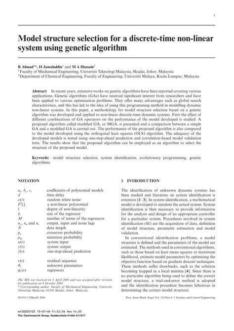 pdf model structure selection for a discrete time non linear system using a genetic algorithm