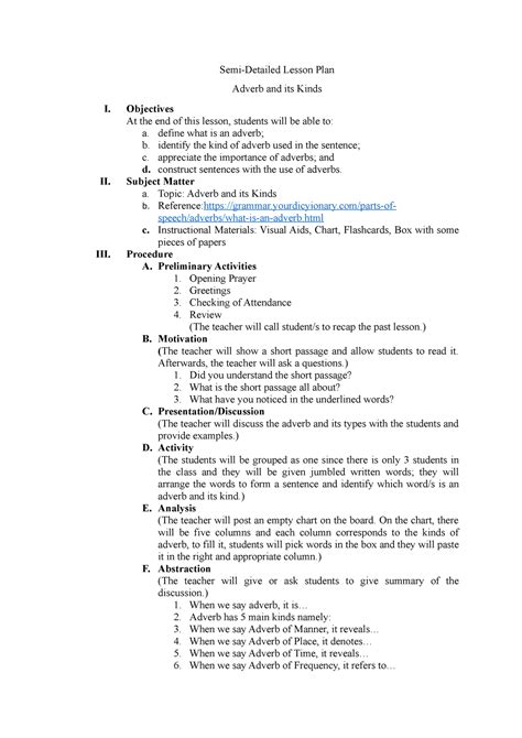 Adverb And Its Kinds Semi Detailed Lesson Plan Semi Detailed Lesson