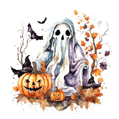 A Ghost And Pumpkins Celebrating Halloween Autumn Leaves Surrounding