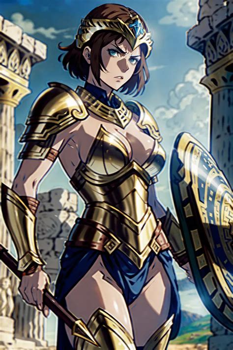 Dopamine Girl Greek Armor Brown Hair Tits Out Small Tits Shield