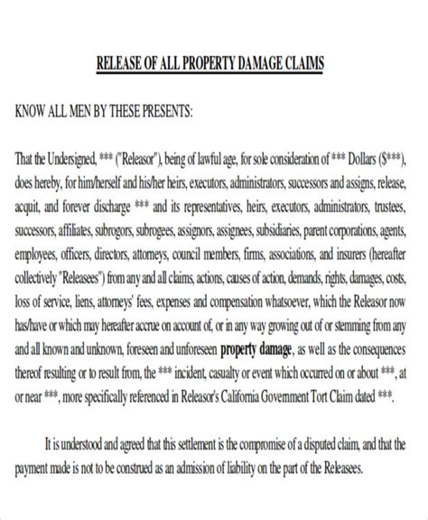 FREE 9 Sample Property Damage Release Forms In MS Word PDF