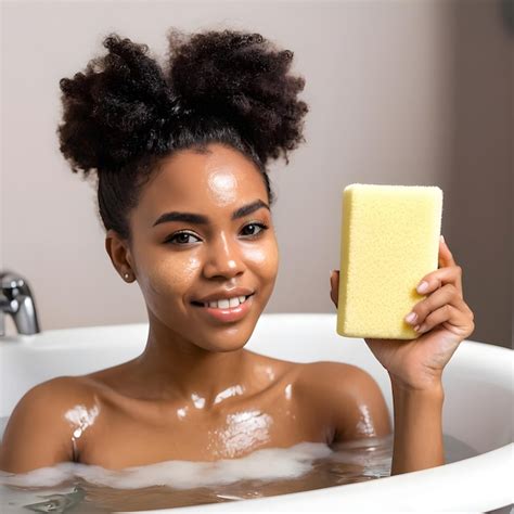 African American Woman Having A Healthy Deep Bath With Sponge And Soap
