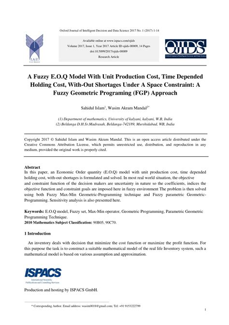 pdf a fuzzy e o q model with unit production cost time depended holding cost with out