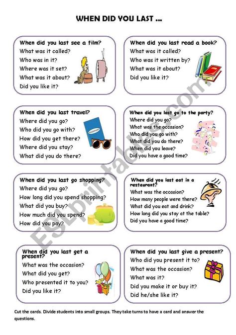 When Did You Last Past Simple Speaking Cards ESL Worksheet By