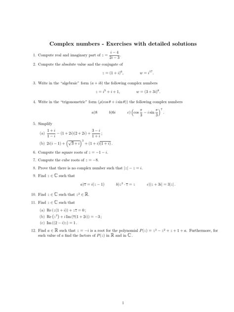 complex numbers exercises pdf trigonometric functions complex number