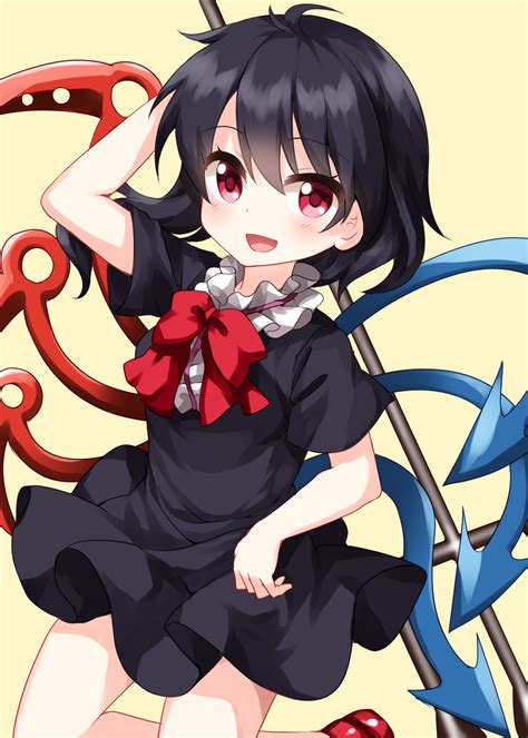 Safebooru 1girl Arm Behind Head Asymmetrical Wings Bangs Black Dress Black Hair Blue Wings Bow