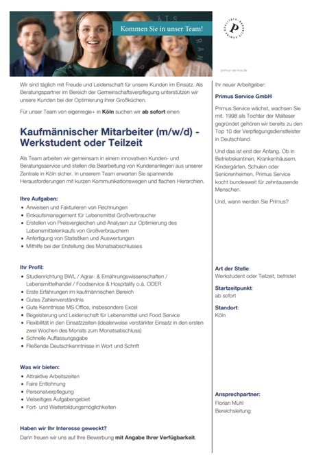 Kaufmännischer Mitarbeiter m w d Werkstudent oder Teilzeit