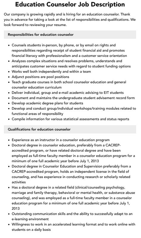 Education Counselor Job Description Velvet Jobs