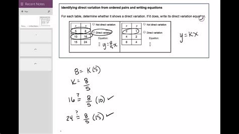 18 10 identifying direct variation from ordered pairs and writing equations youtube