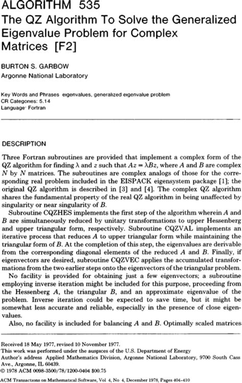 algorithm 535 the qz algorithm to solve the generalized eigenvalue problem for complex matrices