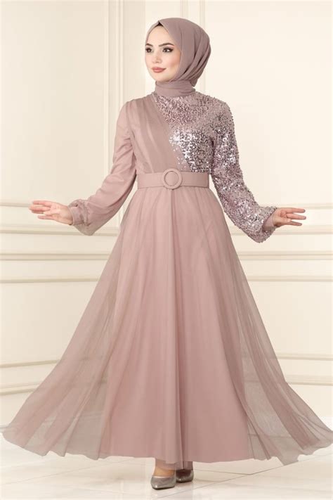 Pul Payet Detaylı Tül Abiye ASM2519 Pudra Moda Selvim