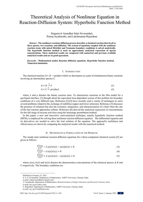 pdf theoretical analysis of nonlinear equation in reaction diffusion system hyperbolic