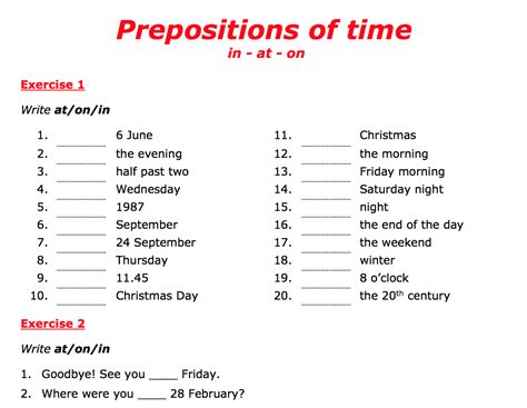 Prepositions Of Time In On At Exercises Printable Templates Free