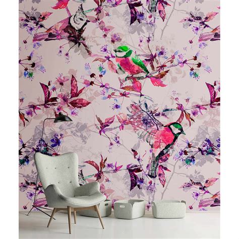 Fototapete Vlies Vögel Blumen Floral grau pink Premium