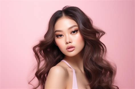 Premium Ai Image Pretty Asian Beautiful Woman Model Long Hair With Fancy Makeup On Face And