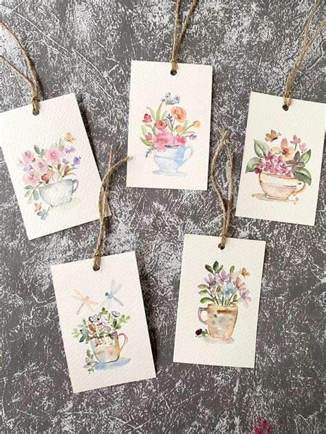 Flower Cup Gift Tags Original Watercolor Painting Set Of 10 Size 2 3