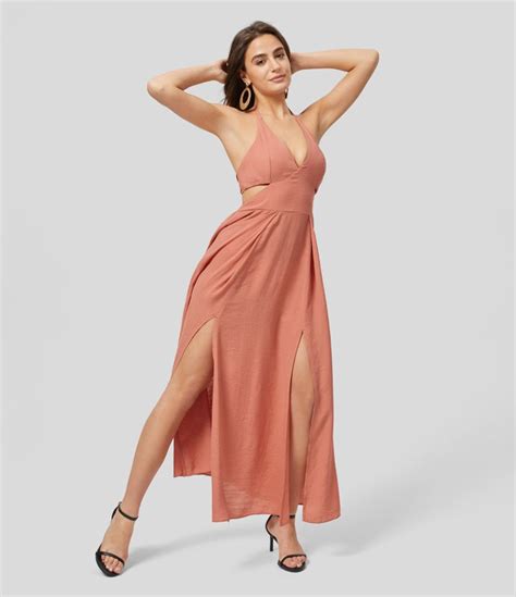 Vestido Maxi Escote Profundo En V Cuello Halter Sin Espalda Con