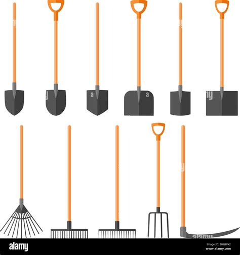 Set Of Garden Tools Shovel Rake Fork Scythe Vector Illustration