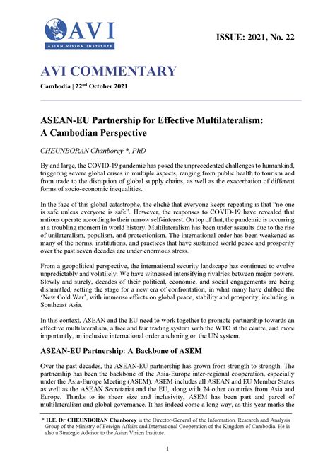 AVI COMMENTARY ISSUE 2021 NO 22 ASEAN EU Partnership For Effective