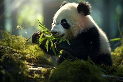 Un oso panda comiendo bambú en un bosque con árboles en el fondo Foto