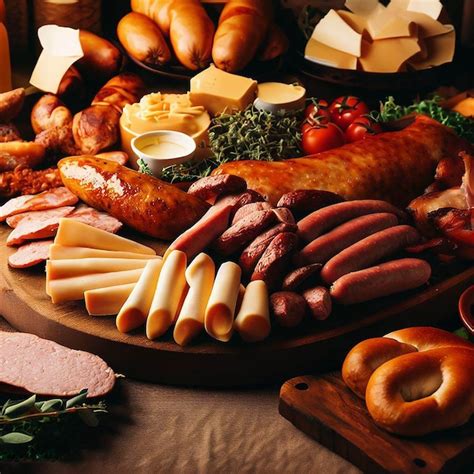 Una Mesa Llena De Comida Que Incluye Carne Queso Y Carne Foto Premium