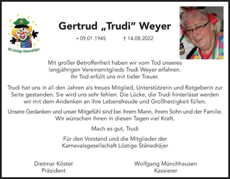 Traueranzeigen Von Gertrud Weyer WirTrauern