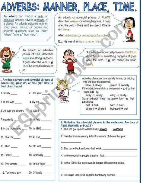 Adverbs Of Place Time Manner Worksheet Brainly In