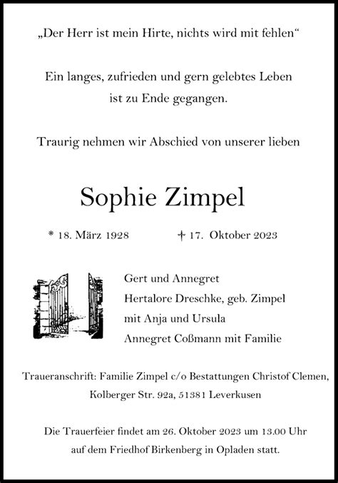 Traueranzeigen Von Sophie Zimpel WirTrauern