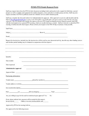 Fillable Online Pto Funds Request Form Teachers May Request Items From