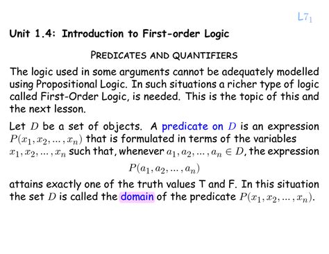 l7 first order logic unit 1 introduction to first order logic predicates and quantifiers the